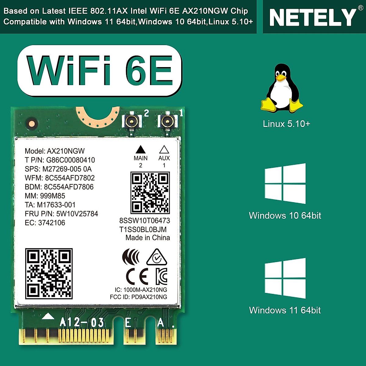 NETELY WiFi 6E AX210NGW 5400Mbps Tri-band NGFF M2 Interface WiFi Adapter with Bluetooth 5.2 for Windows 10 11 64bit Laptop PCs, 2.4GHz 574Mbps 5GHz 2400Mbps 6GHz 2400Mbps for Gaming (WiFi 6E AX210NGW)