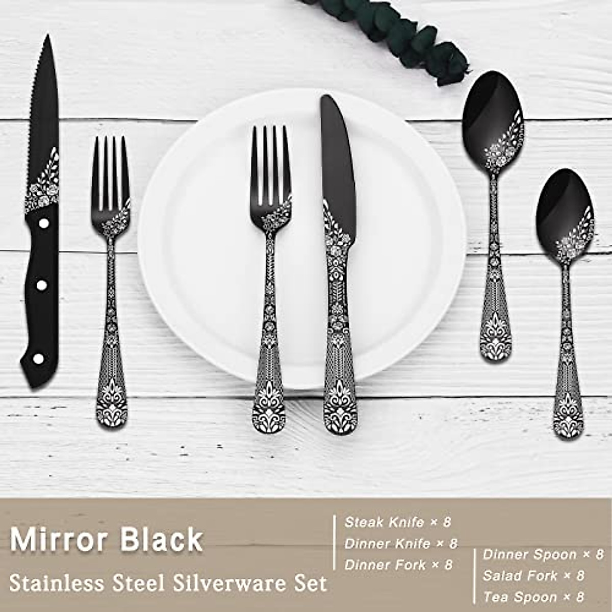 EUIRIO 48-Piece Black Silverware Set with Steak Knives, Black Flatware Set for 8, Stainless Steel Cutlery Set, Knives and Forks and Spoons Sets,Unique Pattern Design,Mirror Polish and Dishwasher Safe