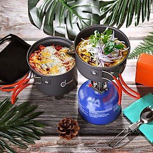 Odoland 6pcs Camping Cookware Mess Kit with Lightweight Pot, Stove, Spork and Carry Mesh Bag, Great for Backpacking Outdoor Camping Hiking and Picnic