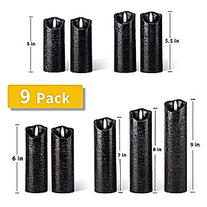 RY King Set of 9 Black Regular Textured Flameless Candles Battery Operated LED Real Wax Electric Candles with Remote Control Timer for Wedding Birthday Halloween Christmas Decorations