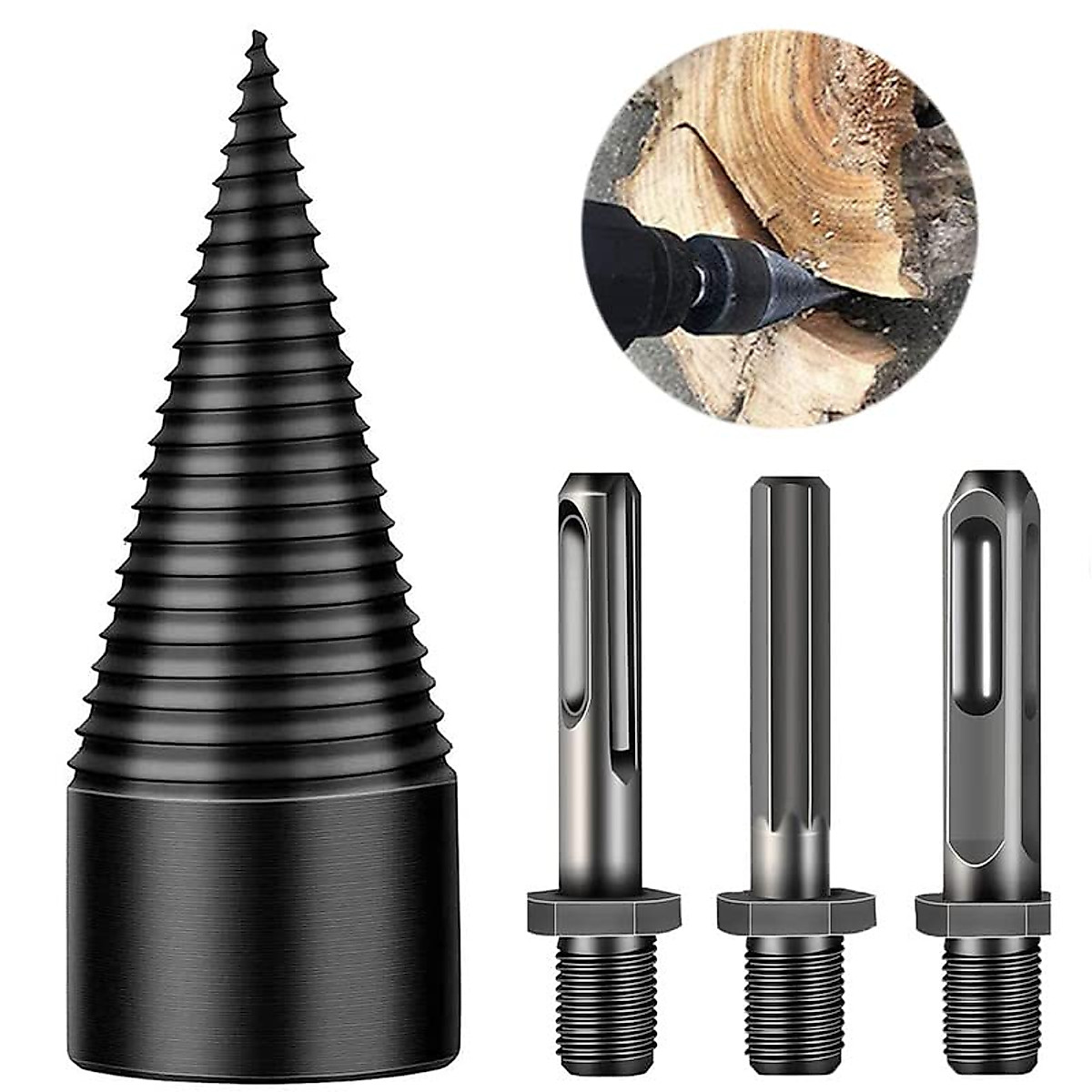 Firewood Log Splitter, 4PCS Wood Log Splitter Firewood Detachable Drill Bit Heavy Duty Electric Drills Screw Cone Driver Hex + Square + Round 32mm/1.26inch