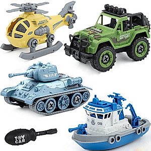 Take Apart Military Toys for 3 4 5 6 7 8 Year Old Boys Construction Vehicle Toys with Drill for Kids STEM Learning Building Toy Helicopter, SUV, Tank, Warship Pack of 4