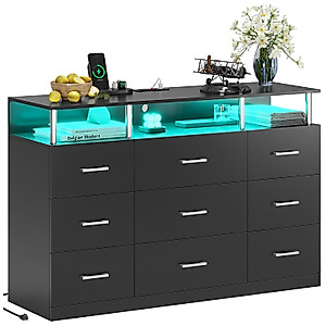 VIAGDO 9 Drawer Dresser with Charging Station, LED Chest of Drawers with Column Design and Open Storage Space, Large Capacity Modern Black Dresser, Wide Drawer Organizer Cabinet for Bedroom, Closet