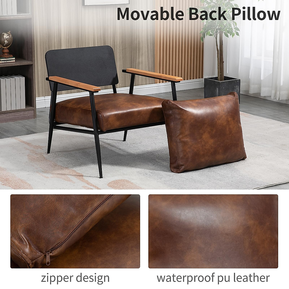 GYI Brown Leather Accent Chair Set of 2, 23.6'' Wide Armchair Set of 2, Industrial Black Metal Frame Accent Chairs with Wood Arms for Living Room, Bedroom