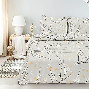 Lyacmy Plum Blossom Pattern Duvet Cover Set Queen Size(90x90in), 3 Pieces(1 Duvet Cover, 2 Pillow Shams), Light Grey Bedding Comforter Cover Sets, Soft Bedding Set with Zipper Closure
