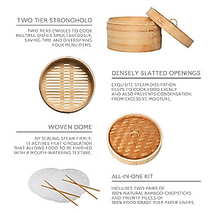Maison Lune New Bamboo Steamer 10 inch - Includes 2 pairs of Chopsticks, Liners 20 pieces, Steamer Basket for Cooking Dumpling, Dim Sum, Bao Bun, Vegetable