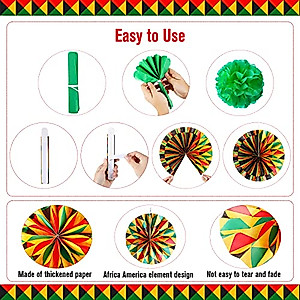 Outus 21 Pcs Black History Month Decorations Hanging Paper Fans Kente Classroom Decorations Juneteenth Tissue Paper Pom Poms for Garland Ceilings African American Holiday Celebration Party Supplies