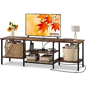 Entrintou TV Stand with Power Outlet for 55/65/70/75 inch TVs, TV Console Table with Open Storage Shelves, 3-Tier Industrial Entertainment Center, Wood TV Stand for Living Room, Bedroom, Brown Black