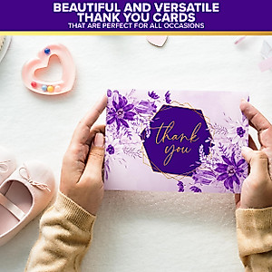 Decorably Thank You Cards with Envelopes & Stickers, Gold-Foiled Cards, 24 Pack Purple Thank You Cards with Envelopes Purple, Blank Inside Thank You Cards Purple, 6x4in Purple and Gold Thank You Cards