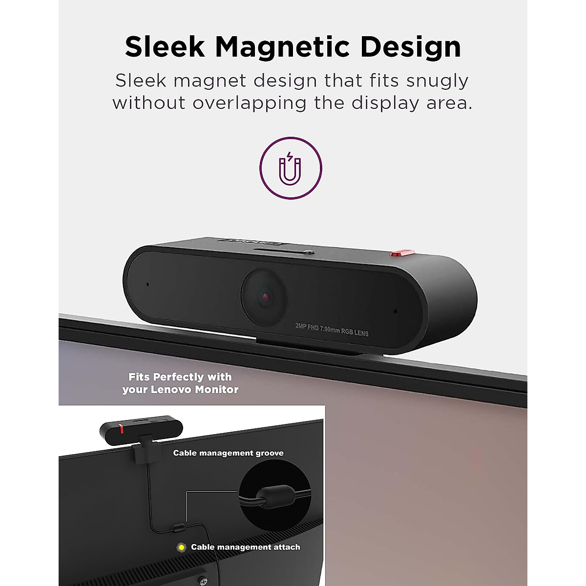 Lenovo HD 1080p Webcam (LC50) - Monitor Camera with 90° Wide Angle, Dual Microphones & Smart Video Capture – Magnetic Desktop Cam w/ Privacy Shutter & Light for Virtual Class, Meetings & Conferences