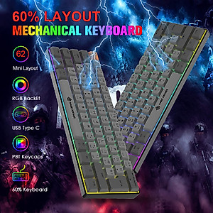 Small Mechanical Gaming Keyboard Type-c Wired with PBT Dye-subbed Keycaps Rainbow RGB Backlit 60% Layout Full Anti-Ghosting 62 Key Ergonomic for Typist Laptop PC Mac Gamer (Gray/Brown Switch)