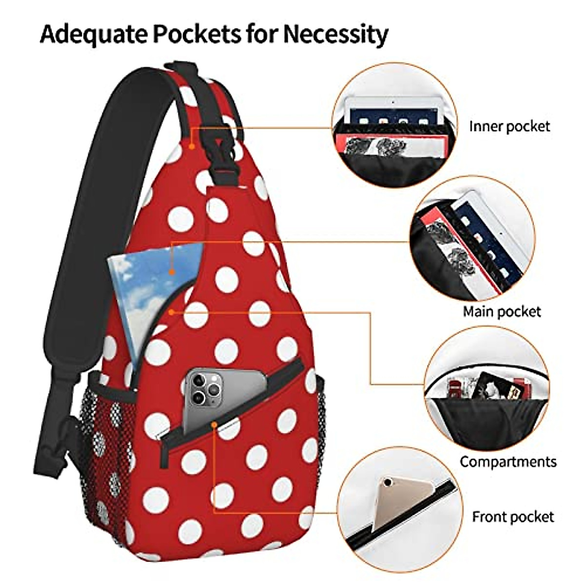Red White Polka Dot Sling Backpack Multipurpose Crossbody Shoulder Bag Chest Daypack for Gym Travel Hiking