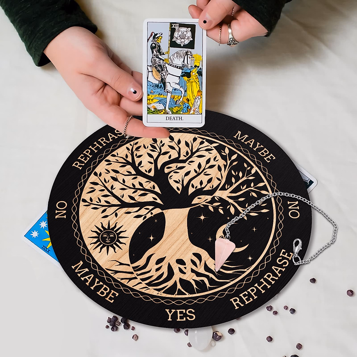 INFUNLY Witch Pendulum Board Tree of Life Round Wooden Divination Board 7.9" Sun Moon Metaphysical Message Board with Crystal Necklace Witchcraft Wicca Altar Supplies Kit