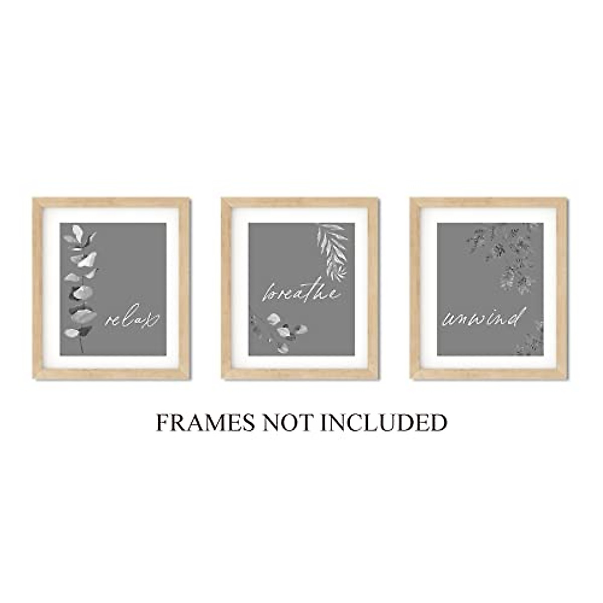 Relax, Breathe, Unwind Bathroom Wall Decor - Set of 3-8"x10" UNFRAMED Prints - Modern, Minimal, Boho, Zen Black And White Art - Bathroom Wall Art (Grey Background)