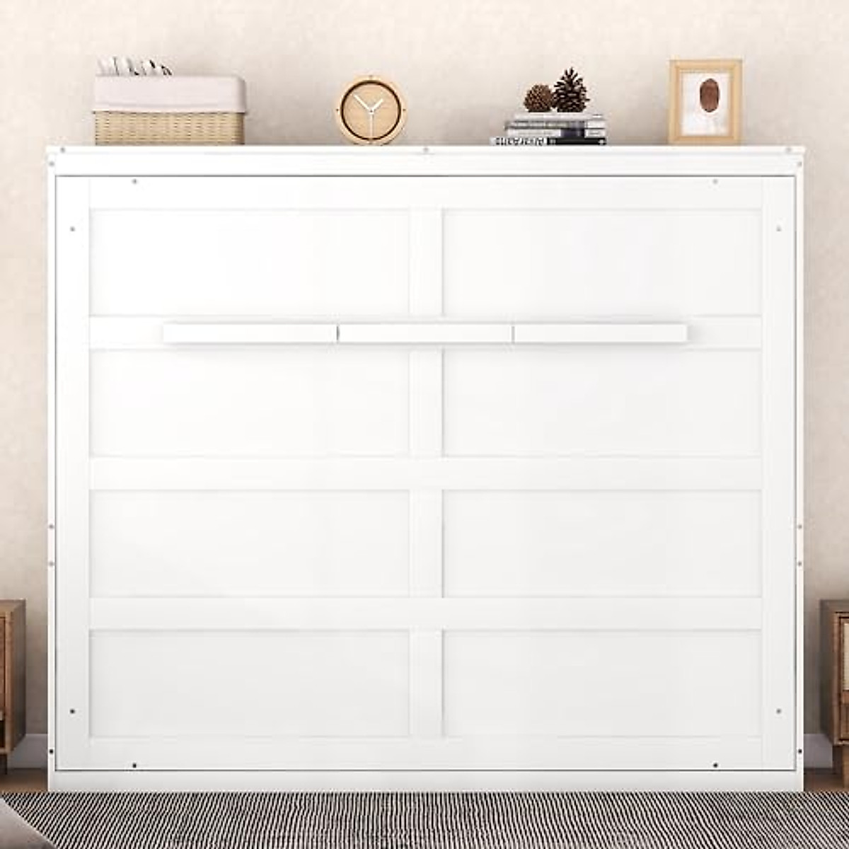 HBRR Murphy Cabinet Bed with A Storage Shelf, Wood Foldable Wall BedFrame for Guest Room Home Office, Space-Saving, No Box Spring Needed, White, Queen (U.S. Standard)