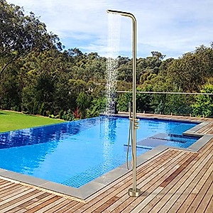RBROHANT Outdoor Shower Brass Outside Shower Kit for Backyard Garden Pool Beach, Freestanding Outdoor Shower Fixtures with Overhead Shower Head and Hand Shower, Floor Mounted, Brushed Gold, RB0090