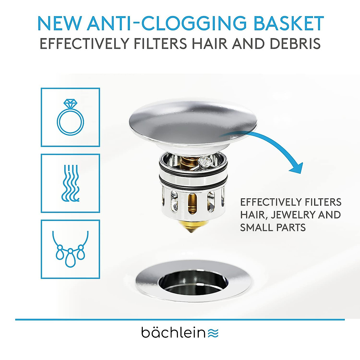 Bächlein Bathroom Sink Drain Without Overflow - Sink Stopper with Pop Up Function - Chrome Pop Up Bathroom Sink Drain incl. 3 Extra Seals and Installation Manual - German Brand