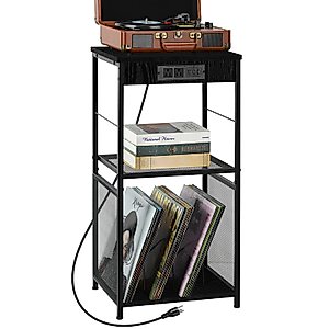 Vinyl Record Storage, Record Player Stand 3 Tier Vinyl Records Holder for 170 Albums, Black Nightstand with Charging Station Turntable Stand Record Player Table Cabinet for Living Room Bedroom
