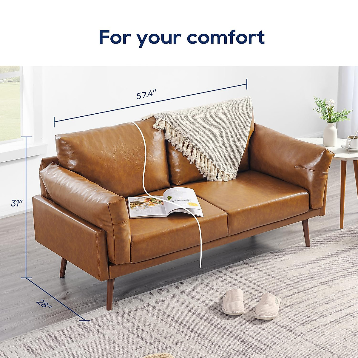 Faux Leather Loveseat Sofa, 57'' Brown Loveseat, Sofa for Small Spaces, 2 Seater Modern Sofa for Living Room, Small Couch for Bedroom,Apartment, Condo, Caramel