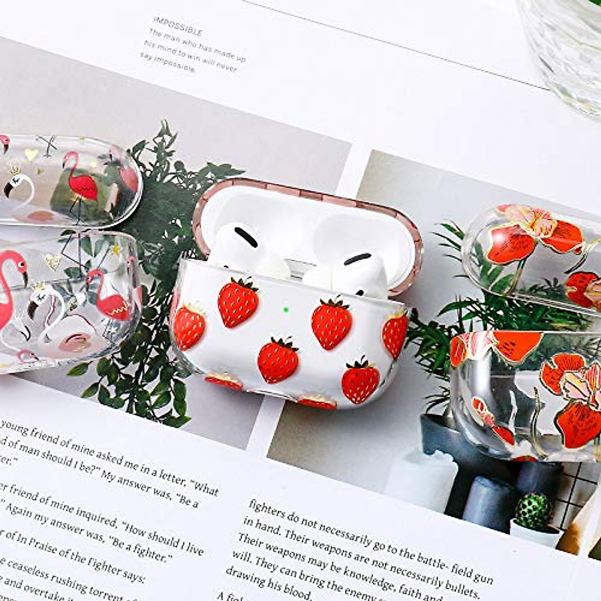 AKABEILA Apple Airpods Pro Case Cover for Women,Compatible with Apple Airpods Pro Case Clear with Designs Patterns Hard PC Shockproof [Front LED Visible ] Anti-Fall Full Protector, Strawberry