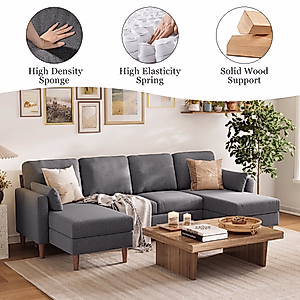 LINSY HOME Convertible Sectional Couch, Bouclé U-Shaped Sofa with Double Chaises and 2 Pillows, 4-Seat Modern Deep Oversized Couch for Living Room, Dark Grey