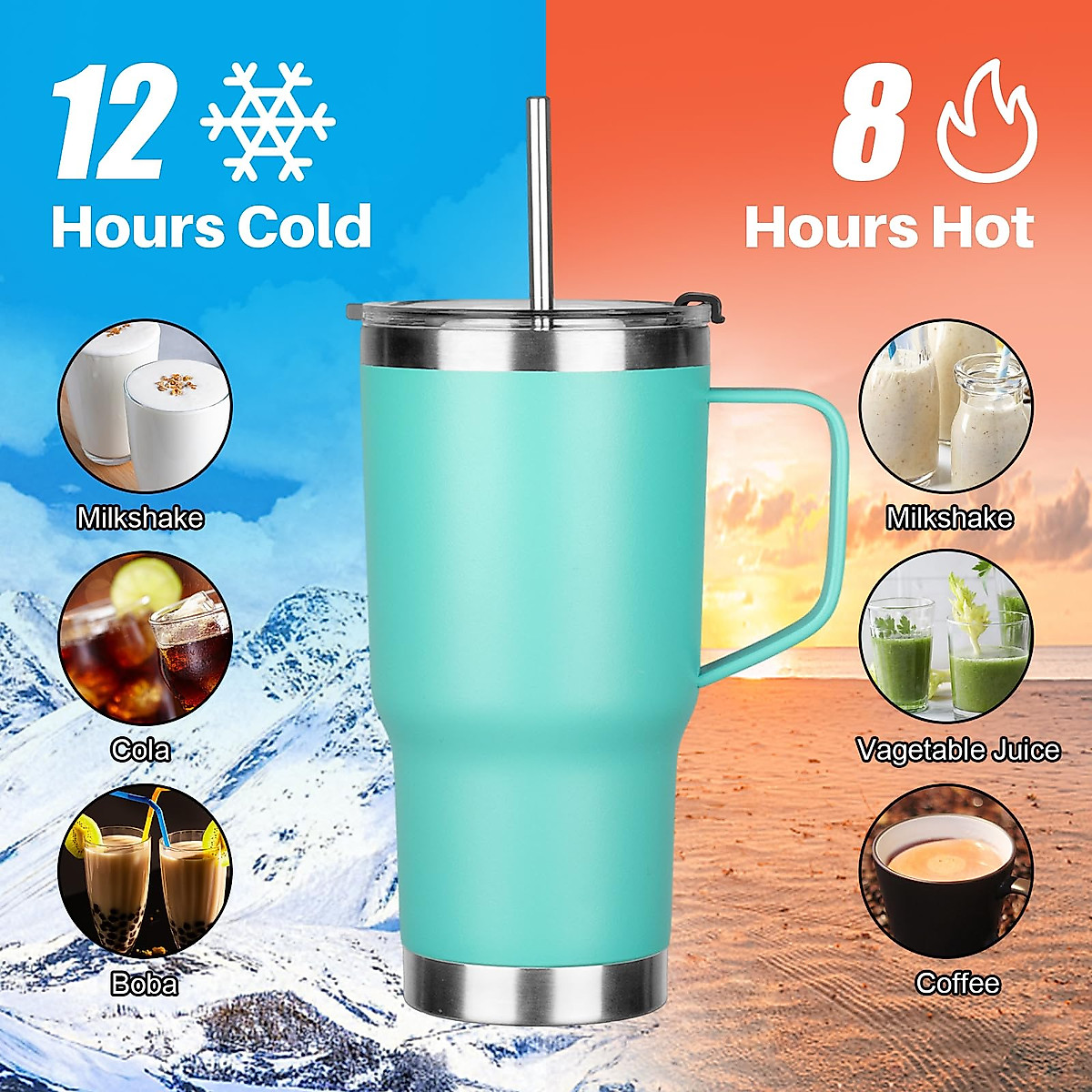 GUDEMAO 20 oz Tumbler with Handle, Stainless Steel Insulated Tumbler with Lid and Straw, Double Wall Vacuum Insulated Coffee Mug Tumbler, Insulated Coffee Thermal Cup for Cold and Hot (Mint Green)