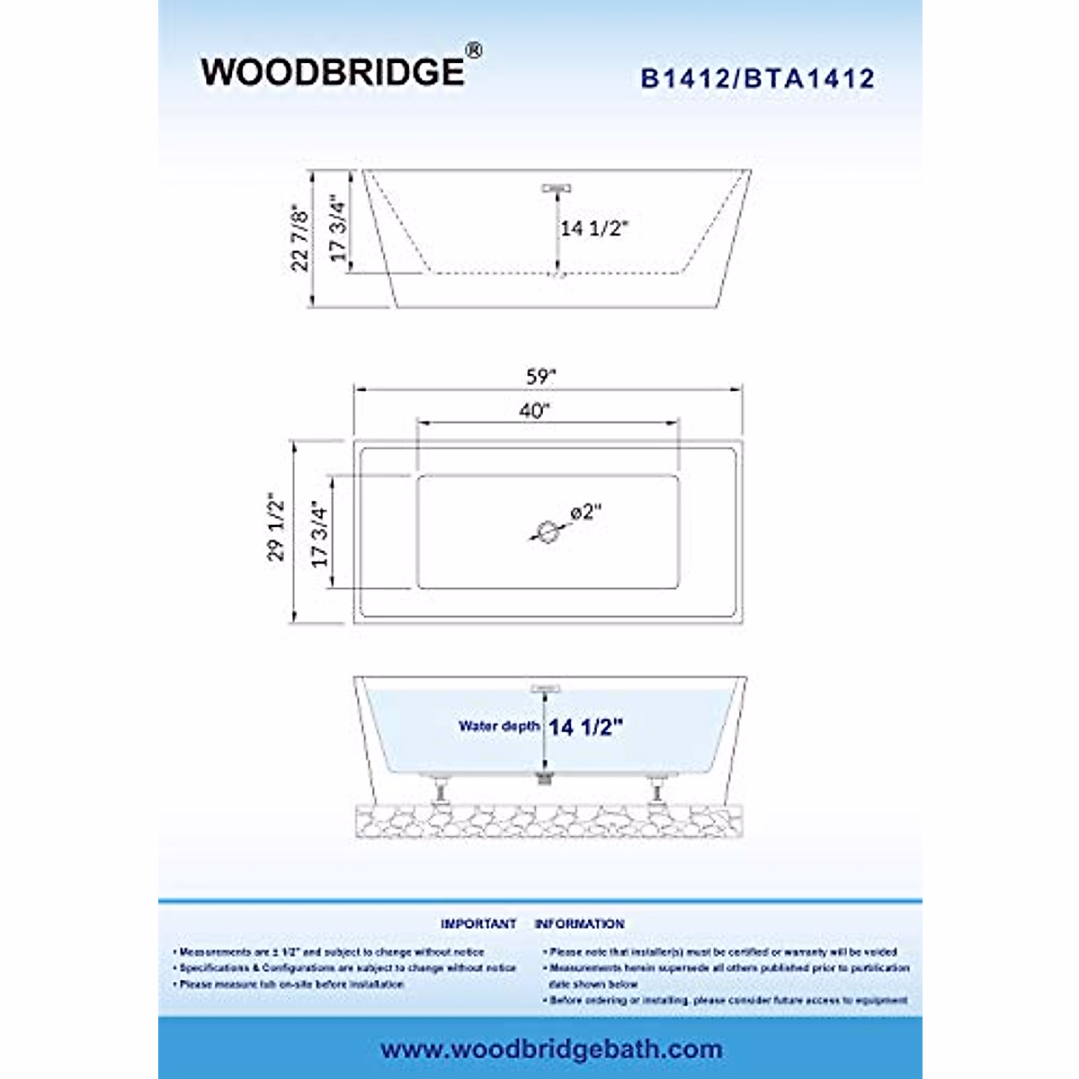 WOODBRIDGE BTA1412-MB-Drain&O Bathtub, 59", Matte Black