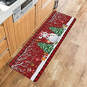 Libaoge Kitchen Mat Rug 1 PCS Christmas Snowman Xmas Tree Bird Red Black Plaid Runner Rug Anti-Fatigue Comfort Memory Foam Standing Mat Non-Slip Floor Door Mat for Bathroom Bedroom 16x47in