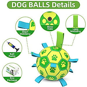 QDAN Dog Toys Soccer Ball, Interactive Dog Toys for Tug of War, Dog Tug Toy, Dog Water Toy, Durable Dog Balls for Small & Medium Dogs-Green&Yellow(6 inch)
