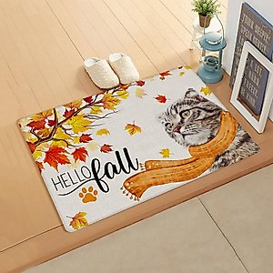 Thanksgiving Antifatigue Kitchen Bath Door Mat Cushioned Runner Rug,Washable Welcome Floor Sink Mat,Waterproof Non-Slip Comfort Standing Doormat,Rustic Fall Leaves Watercolor Cat Beige 18"x30"