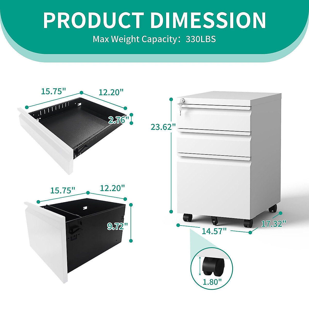 VIYET 3 Drawers Mobile File Cabinet, Rolling File Cabinets Fully Assembled Under Desk, Metal Filing Cabinet with Lock for Home Office Organizer Letters/Legal/A4 (White)