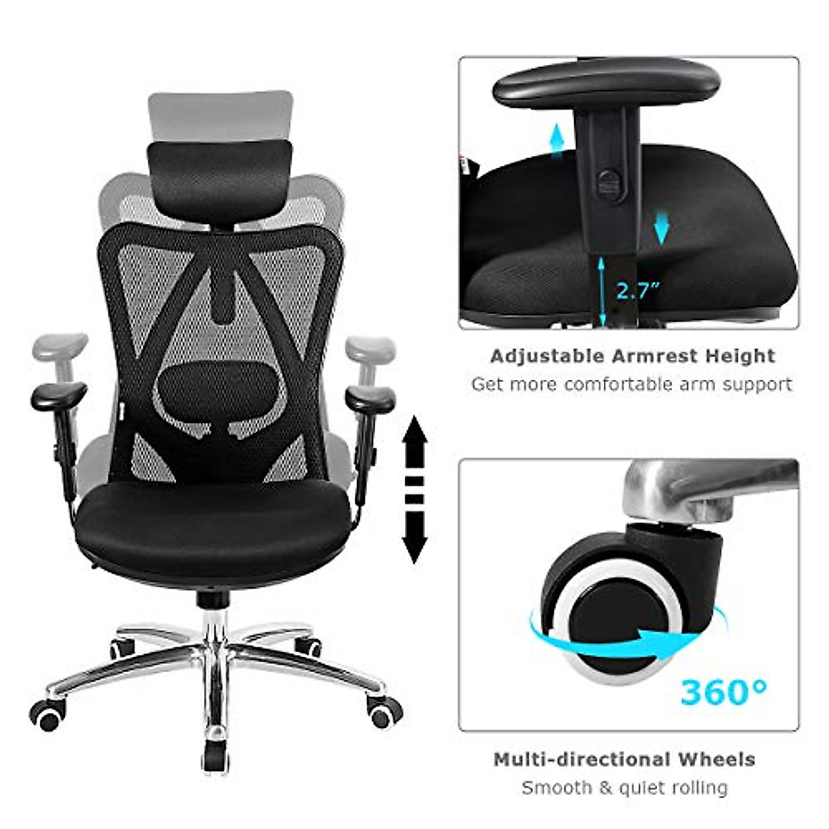 Giantex Ergonomic Office Chair, Mesh Office Chair with Adjustable Headrest, Tilt-Down Backrest Mesh Adjustable High Back Office Chair, Breathable Computer Desk Chair, Mesh Back Office Chair