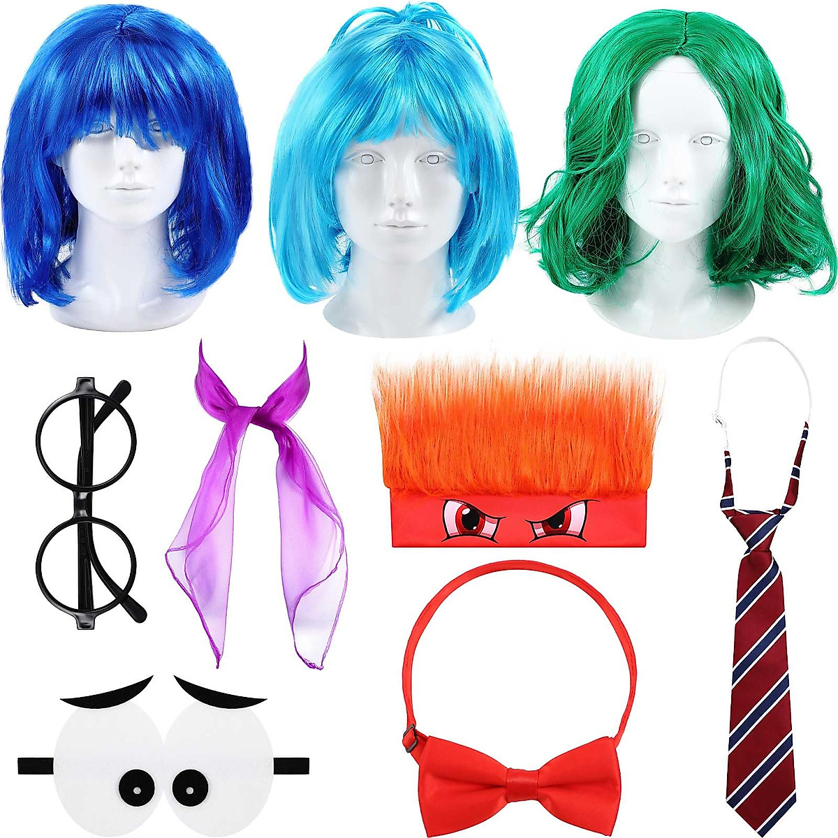 Taiyin 9 Pcs Halloween Group Costume Blue Bob Wig Short Blue Wig Green Wig Movie Characters Halloween Costume Party Cosplay