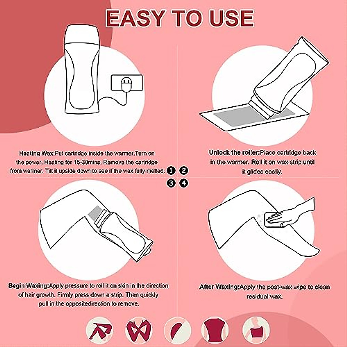 Waxing Kit, Roll on Wax Warmer Kit for Women & Men Sensitive Skin, Include 2 Rose Wax Cartridge, 100 Wax Strips, 10 Wipes