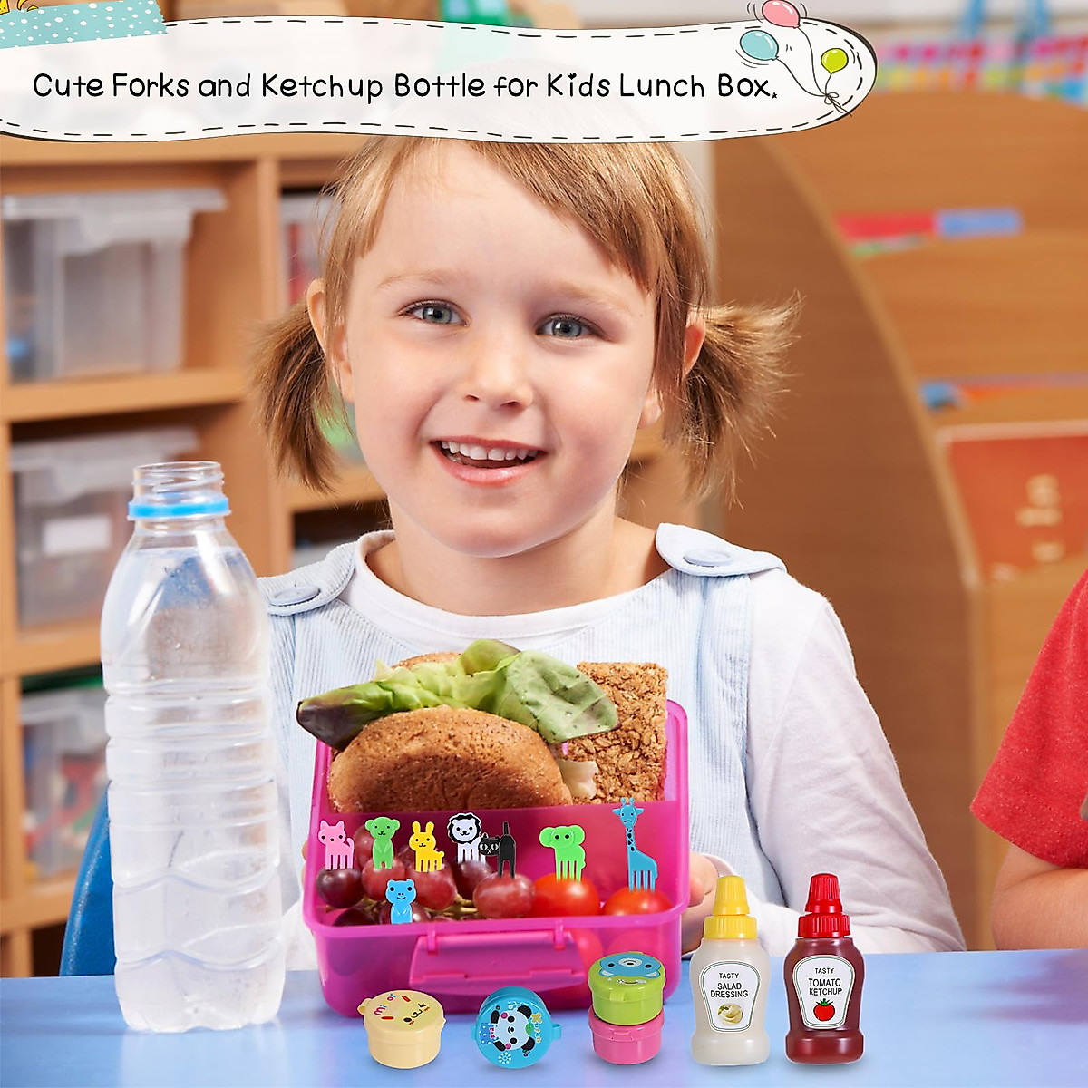 50 Pcs Kids Bento Box Accessories Including Food Picks Mini Condiment Bottles Ketchup Squeeze Bottles, Mini Soy Sauce Container with Funnel for Kids School Bento Camping Office Accessories (Animal)