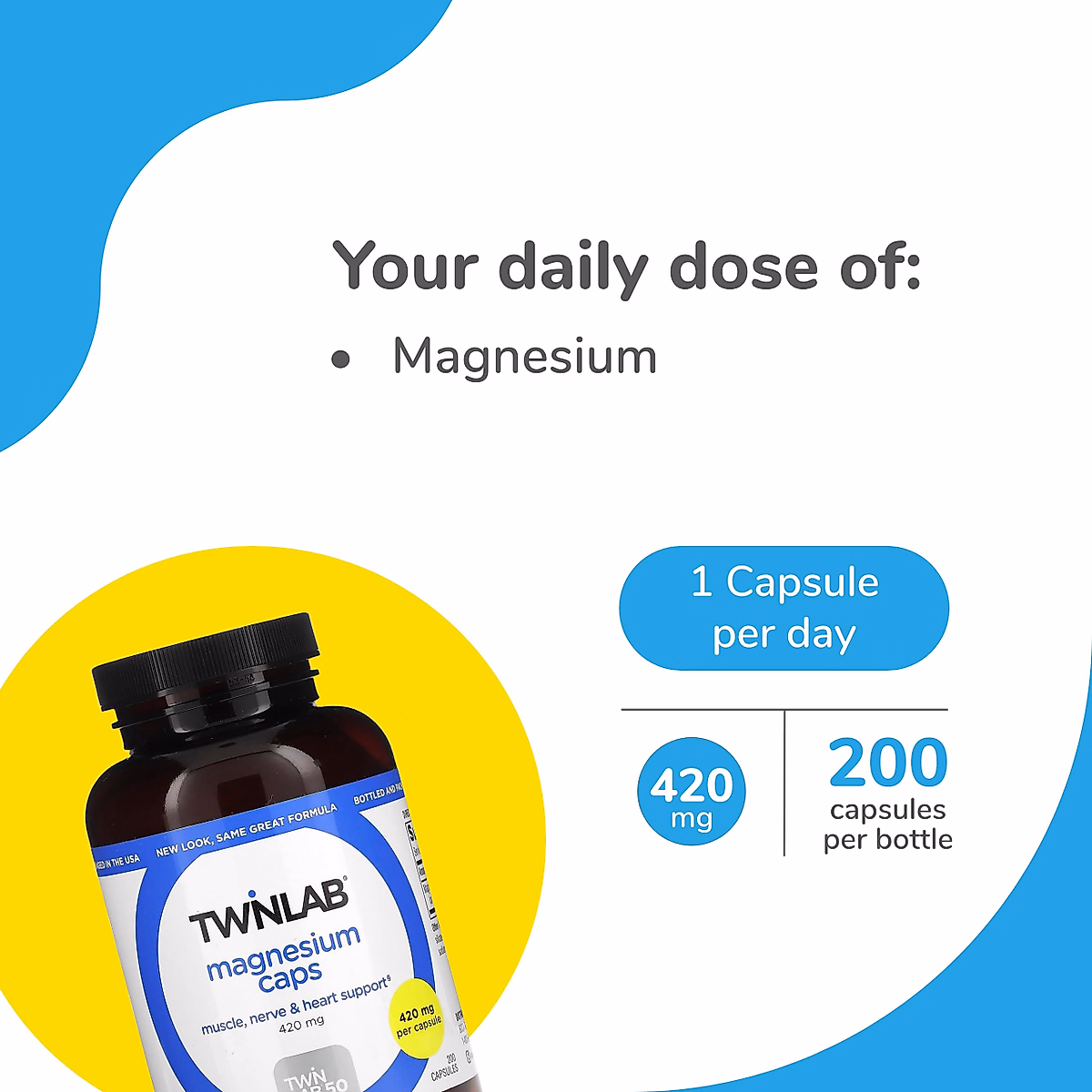 Twinlab Magnesium Caps - High Absorption Magnesium Supplement to Support Leg Cramps Relief - Magnesium Capsules for Stress Relief, 420 mg, 200 Count, 2 Pack