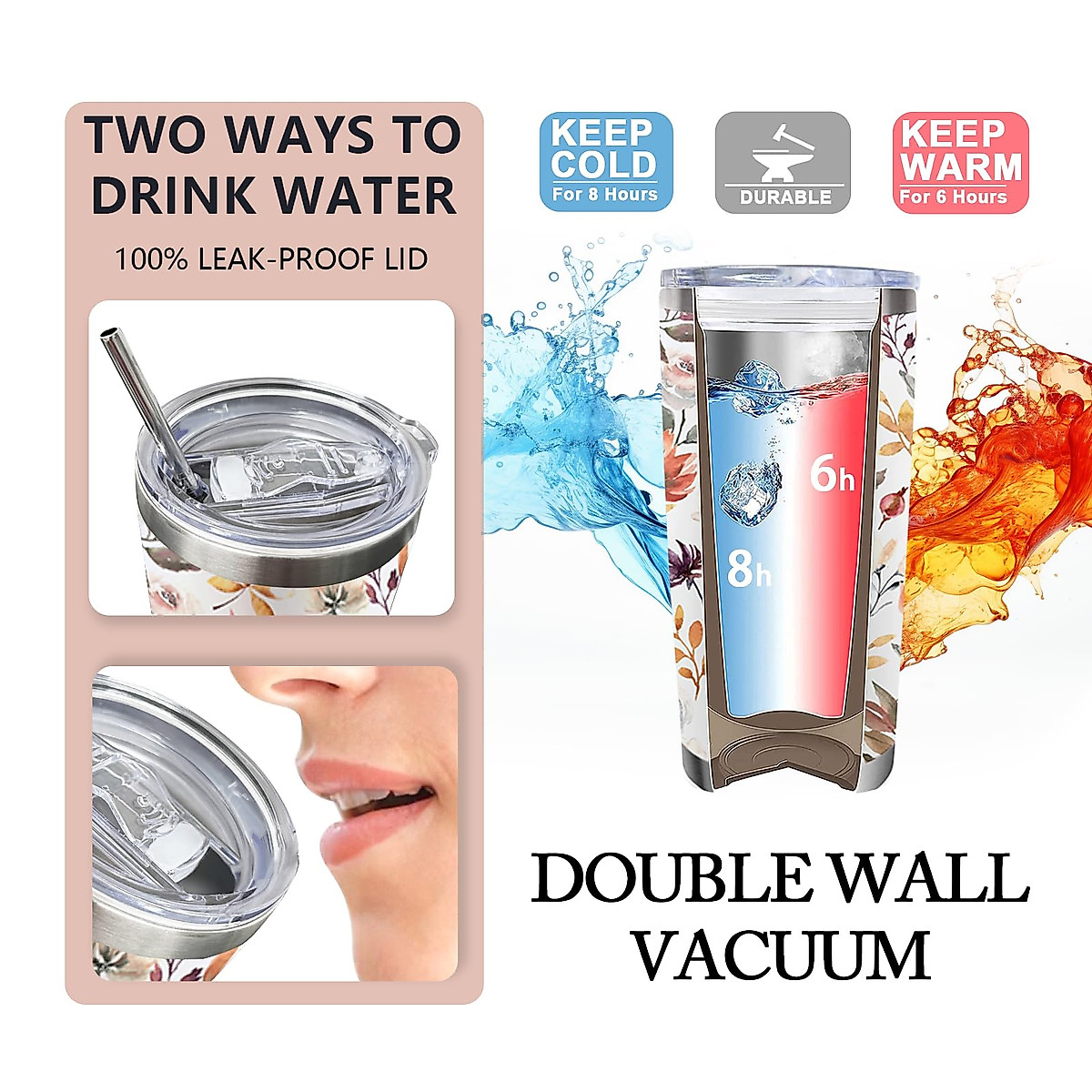 Zzkol Fall Maple Leaves Flower Tumbler with Lid and Straw, Autumn Rose Floral Stainless Steel Travel Coffee Cup, 20oz Farmhouse Double Wall Vacuum Insulated Mug Thanksgiving Gifts