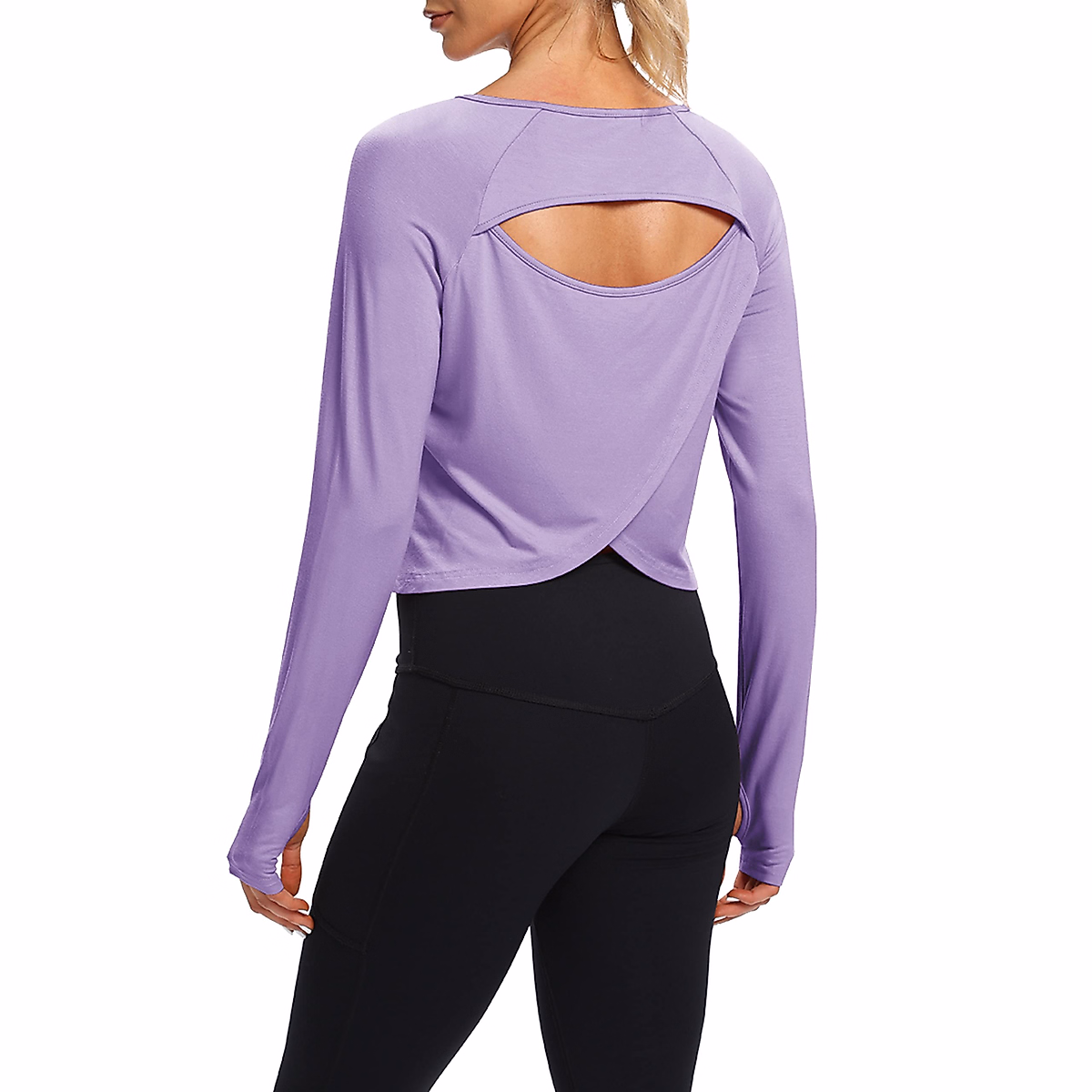 Bestisun Women Athletic Workout Dry Fit Long Sleeve Open Back Workout Shirts Yoga Top Gym Shirt Cropped Sweaters Light Purple M
