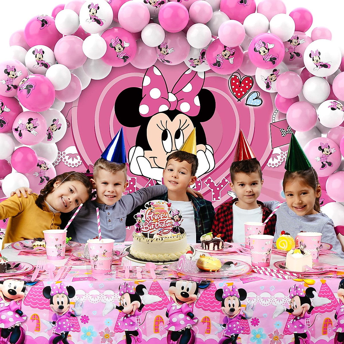 Pink Mouse Birthday Party Supplies Decorations, Mouse Theme Backdrop,Pink Mouse Tablecloth Balloons Kit Cups Plates Napkins Tableware Set for Kids Birthday Party Supplies Party Favor