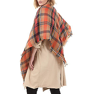 Trendy Women's Cozy Warm Winter Fall Blanket Scarf Stylish Soft Chunky Checked Giant Scarves Shawl Cape Orange