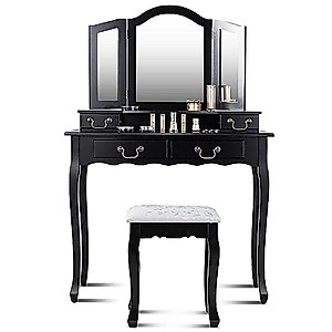 KJNS Vanity Set Makeup Dressing Table Tri Folding Mirror Stool 4 Drawers Black Vanity Desk Makeup Vanity Side Tables Bedroom Vanity Table Portable Desk Vanity Set