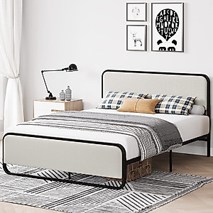 Homhougo Queen Size Bed Frame with Upholstered Headboard and Footboard,10.3'' Underbed Space, Curved Design, Strong Slats Support, Box Spring Optional, Beige