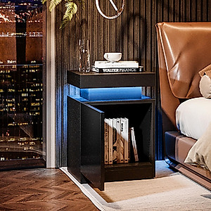 oneinmil Nightstand Set of 2, LED Nightstand with One Cabinet, Bedside Table with LED Lights, Modern End Side Table for Bedroom, Black