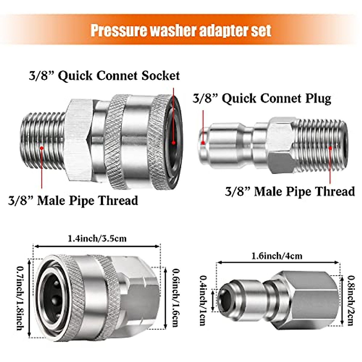 Hotop 4 Sets NPT 3/8 Inch Stainless Steel Male & Female Quick Connector Kit Pressure Washer Adapters Hose Quick Connector(Internal & External Thread)