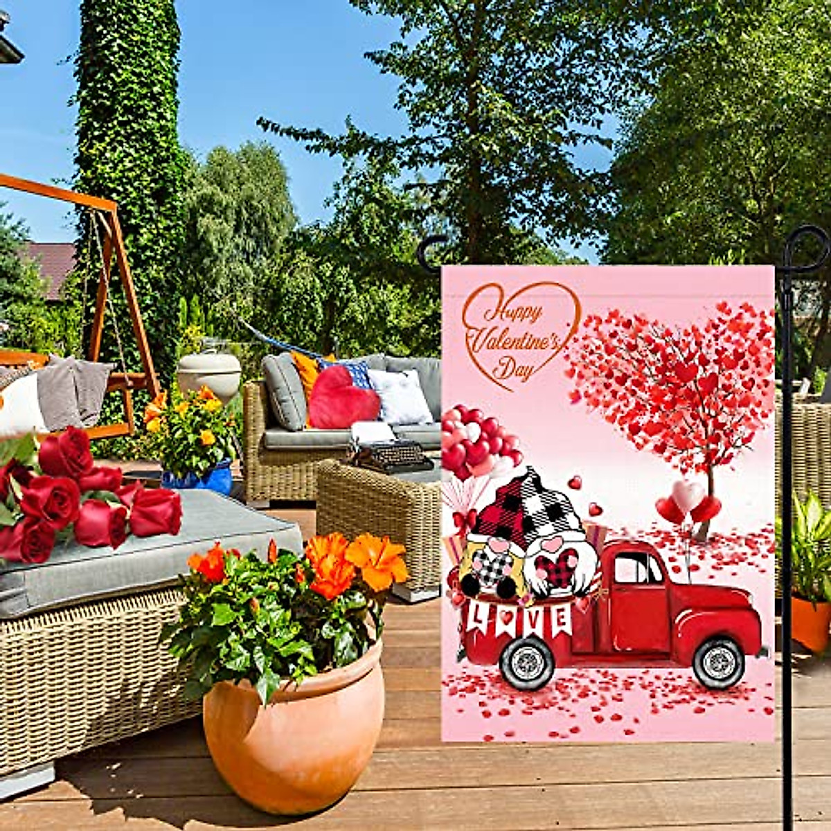 Gnomes Valentines Day Garden Flag Outdoor Small Valentine Flag 12x18 Double Sided Burlap House Yard Valentines Flag for Outside With Love Heart Truck Gnome Valentines Day Decor Decorations