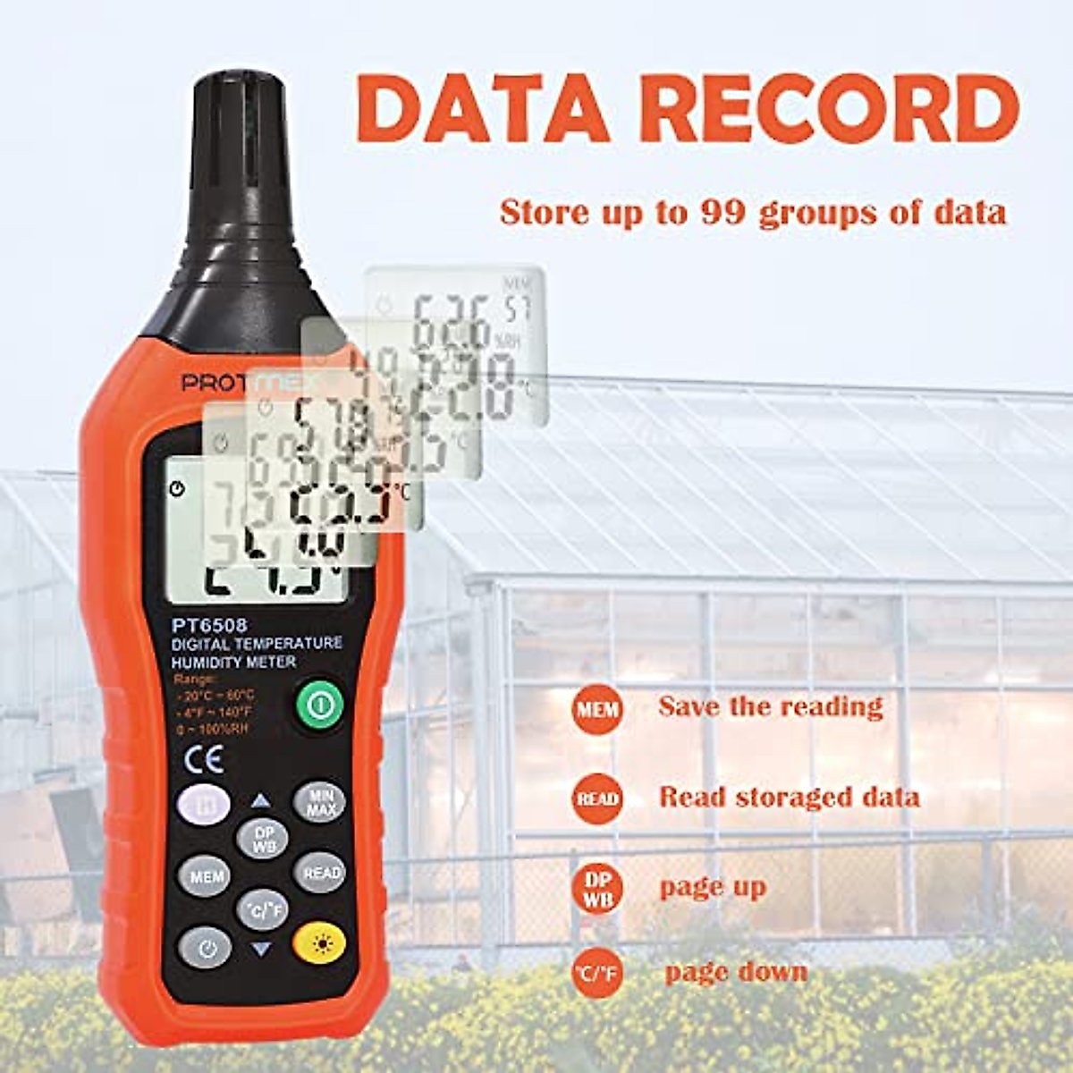 Protmex Digital Temperature Humidity Meter, Thermometer Hygrometer with Ambient Dew Point and Wet Bulb Temperature Indoor and Outdoor, Data Logger with Min/Max Hold, LCD Backlight, PT6508