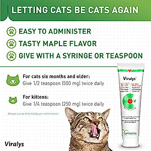 Vetoquinol Viralys Gel L-Lysine Supplement for Cats, 5oz - Cats & Kittens of All Ages - Immune Health - Sneezing, Runny Nose, Squinting, Watery Eyes - Palatable Maple Flavor Lysine Gel