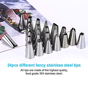 34Pcs Piping Bags and Tips Set, Bake Cake Decorating Kit with 24 Stainless Steel Tips, 2 Reusable Silicone Pastry Bags, 3 Icing Smoother, 2 Couplers, 2 Frosting Bags Ties and 1Pipe Brush
