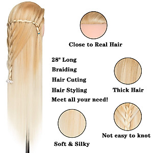 DANSEE 28" Mannequin Head Synthetic Hair Hairdresser Training Manikin Cosmetology Doll Head Blonde with DIY Braiding Set+ Free Table Clamp(27-613)