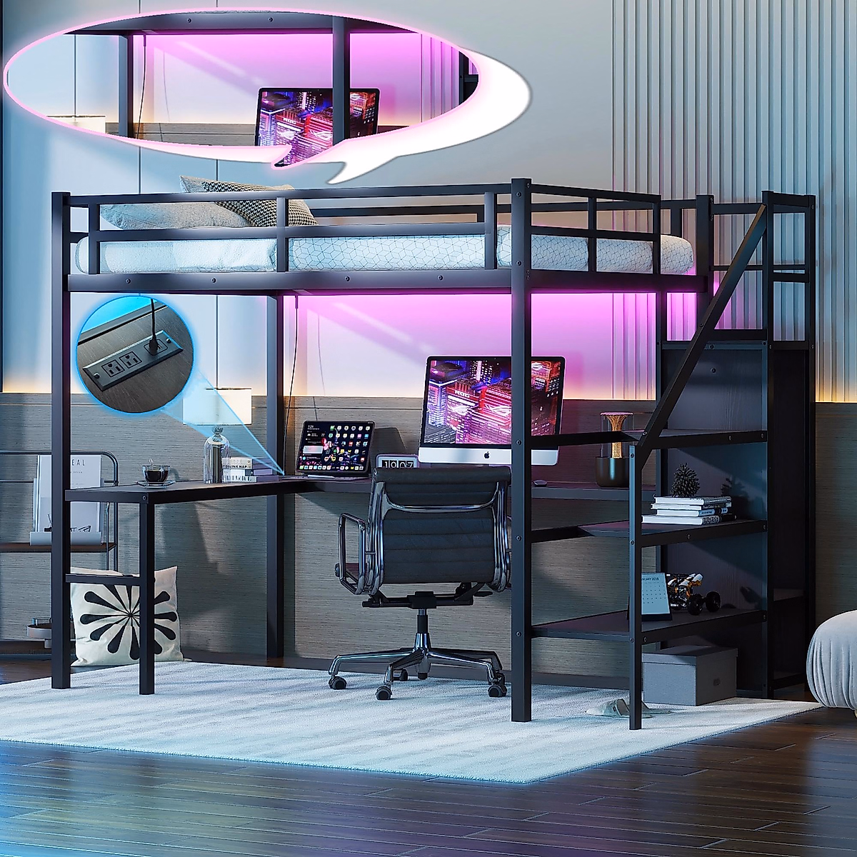 Linique Full Size Gaming Loft Bed with L-Shaped Desk, LED and Charging Station, Metal Loft Bed with Wardrobe and Adjustable Shelf for Kids Teens Adults, Black